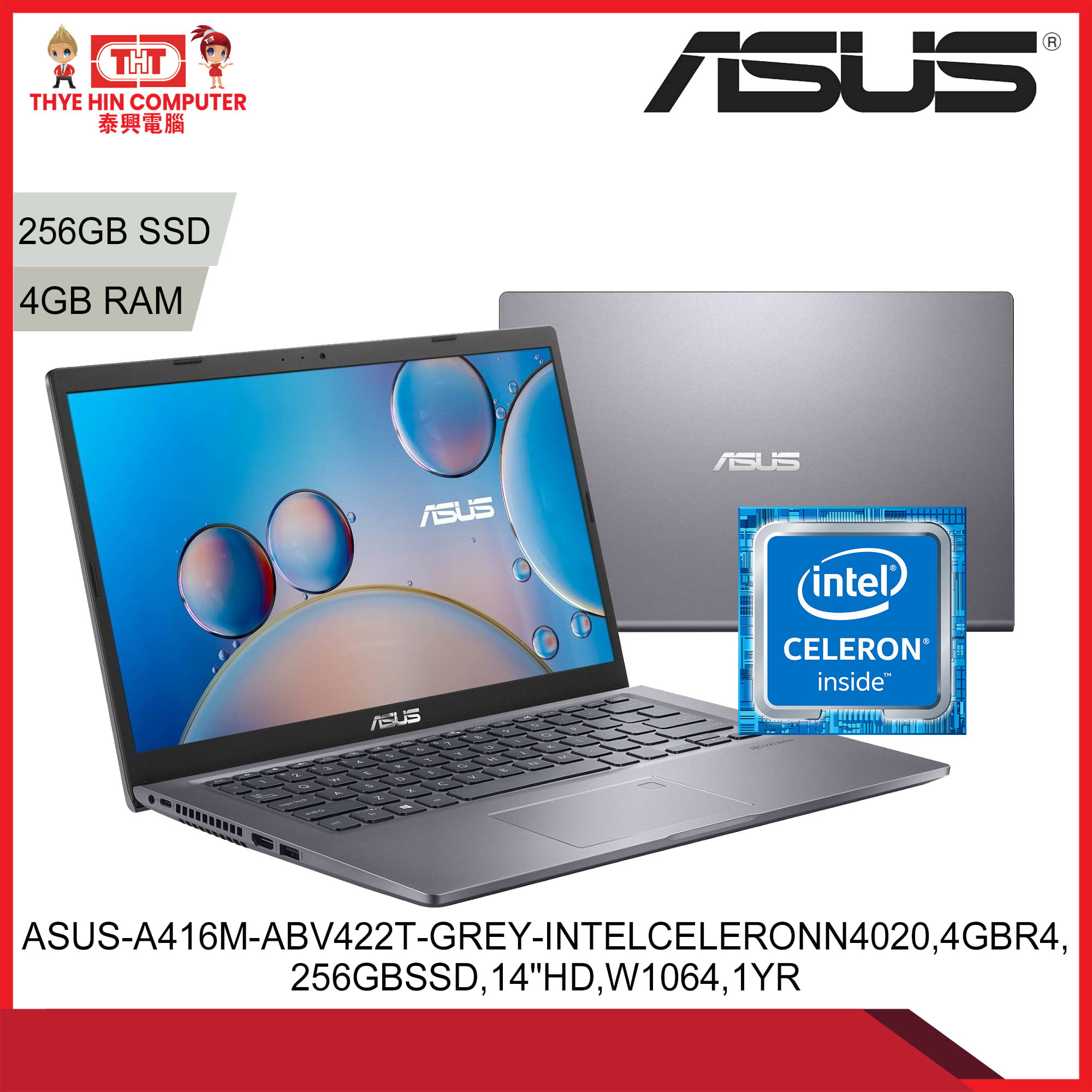 ASUS-A416M-ABV422T-GREY-INTELCELERONN4020,4GBR4,256GBSSD,14"HD,W1064 ...