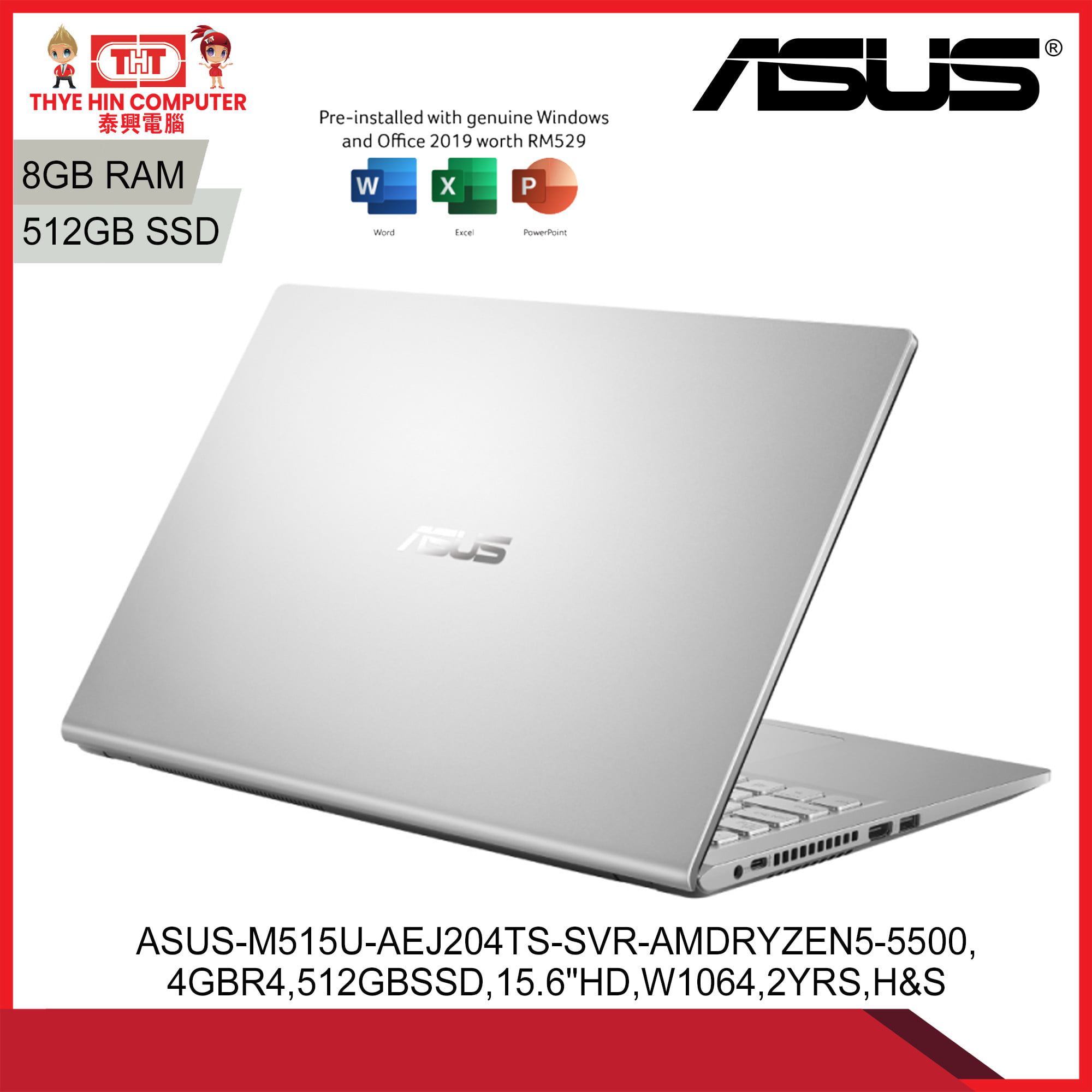 ASUS-M515U-AEJ204TS-SVR-AMDRYZEN5-5500,4GBR4,512GBSSD,15.6"HD,W1064 ...