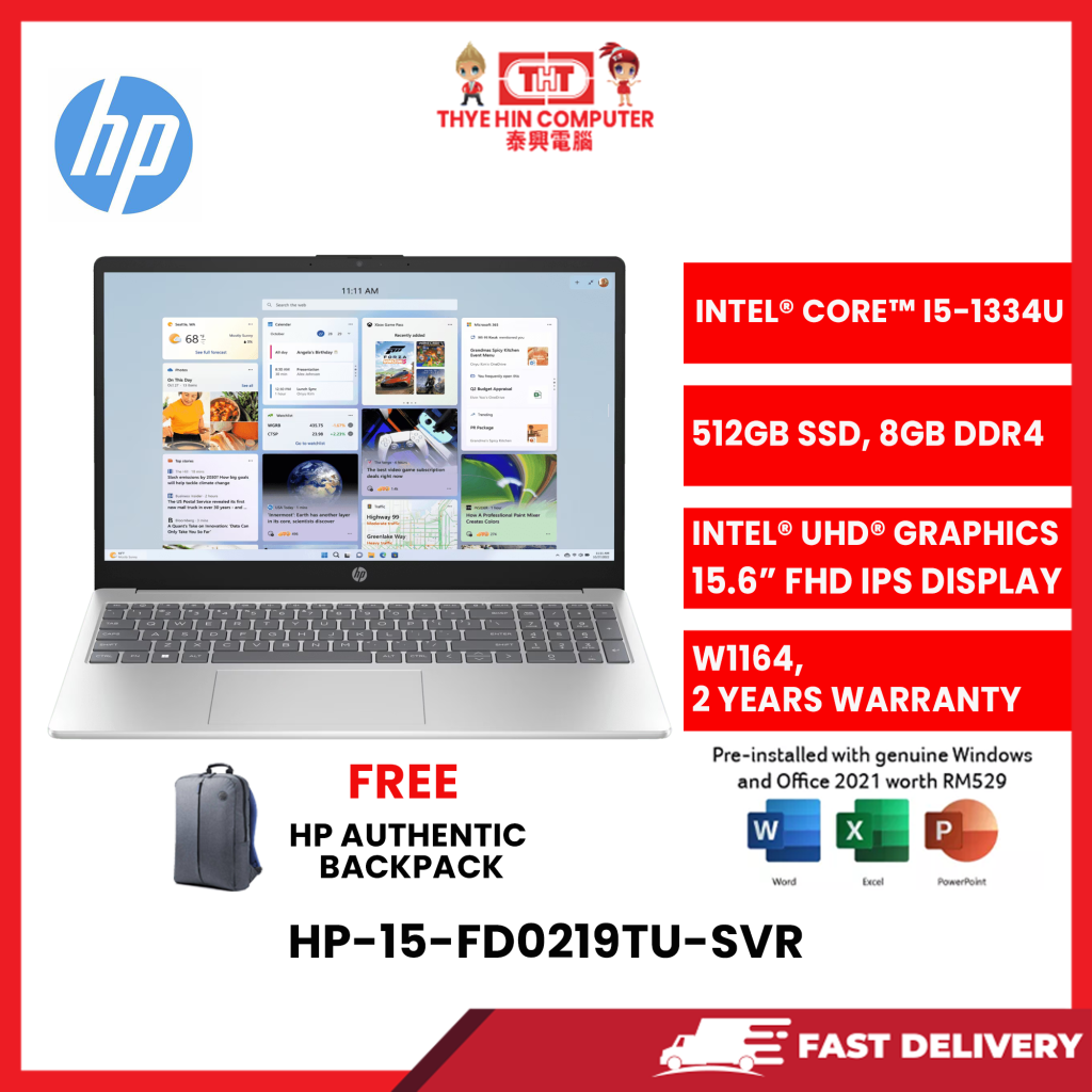 HP-15-FD0219TU-SVR-INTELCOREI5-1334U,8GBR4,512GBSSD,INTELIRIS,15.6"FHD,W1164,2YRS,H&S [SBN:Yes ...